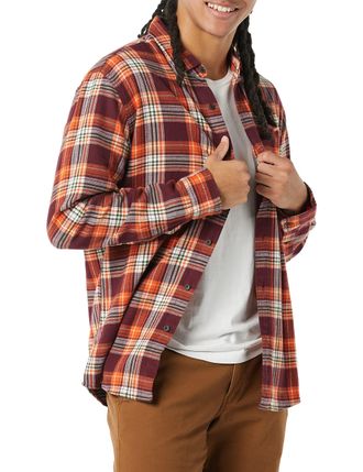 Amazon Essentials Herren Langarmhemd aus Flanell (in Übergröße erhältlich), Burgunderrot Orange Karomuster, XXL