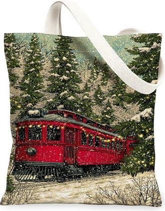 Generic Sacs fourre-tout en toile motif de train dhiver, sacs d&eacute;picerie r&eacute;utilisables, rustiques, l&eacute;gers et lavables, Rouge, 13x15 Inch