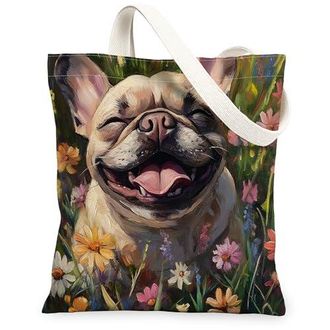 Generic Sac fourre-tout en toile motif bouledogue fran&ccedil;ais pour le shopping, 33 x 38,1 cm, sac d&eacute;picerie r&eacute;utilisable pour femme, animal de compagnie, peintur