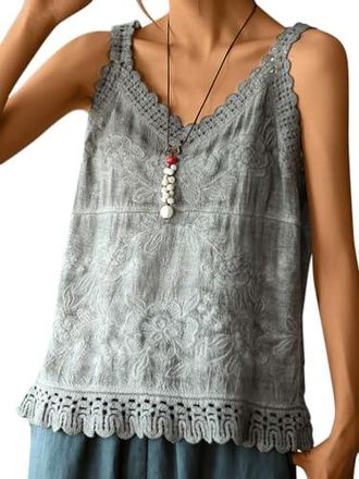 Onsoyours Chemise Femme Haut Été pour Femmes Chic et Élégant Coton Lin T-Shirt sans Manche Col en V Chemisier Tunique Tops avec Dentelle Couleur Unie Blouse A G