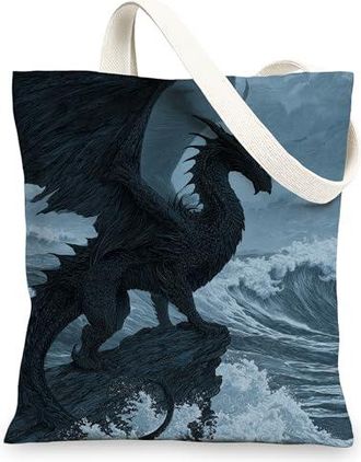 Generic Sacs fourre-tout en toile motif dragon fantaisie, sacs de courses réutilisables, légers et lavables avec bandoulière pour voyage, gym, plage, 33 x 38 
