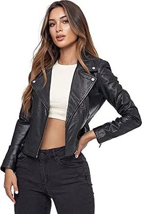 Tazzio Veste en cuir v&eacute;ritable pour femme au look motard avec fermeture &eacute;clair et col &agrave; revers F507, Noir, S