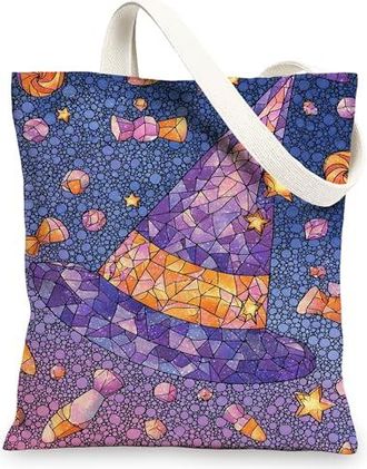 Generic Sacs fourre-tout en toile mosaïque dHalloween, motif chapeau de sorcière coloré, sacs à provisions réutilisables, artistiques, légers et lavables, col