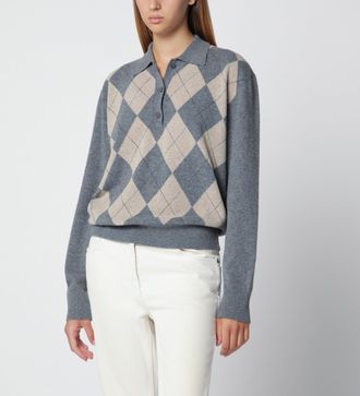 R&oacute;he Graues Poloshirt mit beigem Argyle-Muster aus Wollmischung