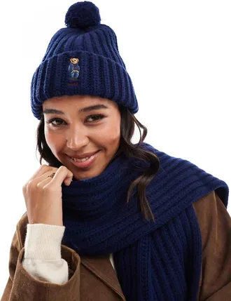 Polo Ralph Lauren Strickm&uuml;tze in Marineblau mit Bommel und B&auml;renlogo