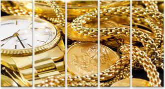 Islandburner Prime Bild auf Leinwand Uhr Goldketten Goldmuenzen Schmuck und Reichtum - Leinwand 160x80cm - 5 Teile XXL