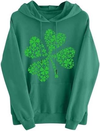 Generic Sweats &agrave; capuche pour femme, pull pour femme, pull &agrave; cordon de serrage avec poches et capuche, hauts &agrave; manches longues, motif coeurs, tr&egrave;fle imprim&eacute;, 