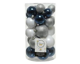 Decoris Weihnachtskugeln Kunststoff 4cm - 6cm Mix 30 St&uuml;ck mit Glitzer - Blau/Silber/Wei&szlig;
