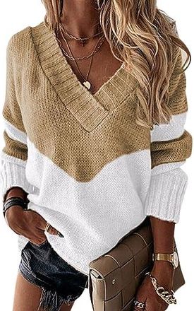 TOMWELL Pulls Femme Casual Haut Manches Longues Sweatshirt Loose Automne Hiver Sexy Col V Pullover Mode Couleur Unie Sweater A Vin Rouge XL C Abricot XL