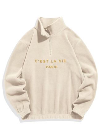 Zaful Viertel Zip Polar Vlies Fleece Sweatshirt Herren Stehkragen Brief Gestickt Langarm f&uuml;r Herbst Winter (3-Leichter Kaffee,2XL)