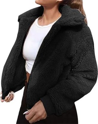 Generic Manteau court en fausse fourrure pour femme - Veste courte d&eacute;contract&eacute;e &agrave; poils longs avec poches - Surdimensionn&eacute; - Chaud - Fermeture &eacute;clair - V&ecirc;teme