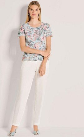 Madeleine Strickpullover Sommerpullover mit floralem Print Rippstrickpullover mit Rundhals und Halbarm