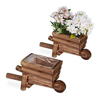 Relaxdays Pflanzschubkarre, 2er Set, Gartendeko, H x B x T: 12,5 x 26 x 12 cm, Blumenkarre zum Bepflanzen, Holz, Natur
