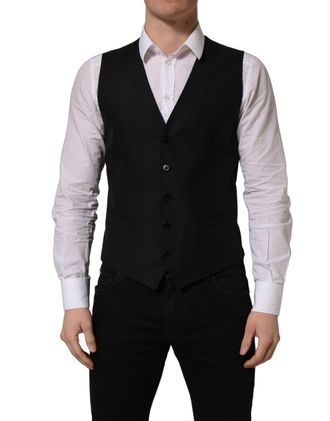 Dolce & Gabbana Mens Black Wool Single Breasted Waistcoat Vest Virgin Silk Clothing