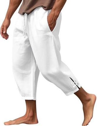 Generic Sarouel pour homme - Pantalon dété en coton de couleur unie avec cordon de serrage - Pantalon de plage taille élastique avec poche - Pantalon respiran