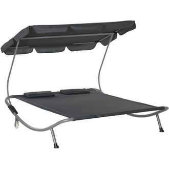 OUTSUNNY Bain de soleil 2 places lit de jardin design contemporain toit r&eacute;glable 2 roulettes 2 oreillers acier &eacute;poxy polyester gris