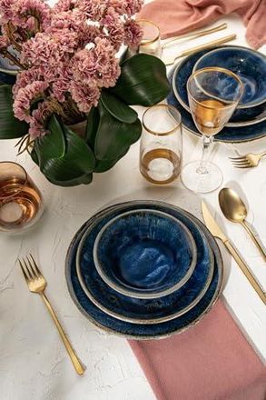 Hermia Elegant 18-Piece Dinner Set, Dark Blue, 100% Porcelain | Includes 6 Service Plates (25cm), 6 Plates (21cm), 6 Bowls (16cm) | Perfect for Stylish Dinin