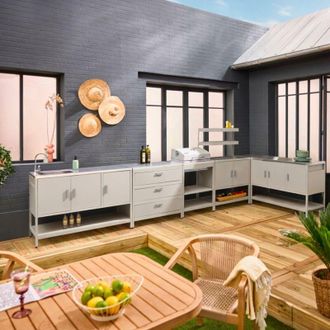 Sweeek Cuisine ext&eacute;rieure Naxos 5 modules avec barbecue au charbon acier inoxydable beige