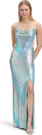 Vera Mont Damen Abendkleid mit Pailletten 34, Blau Gemustert