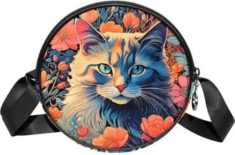 Generic Sac &agrave; bandouli&egrave;re rond rond pour femme, motif chat color&eacute;, avec fermeture &eacute;clair, bretelles r&eacute;glables, style d&eacute;contract&eacute;