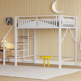 Generic Modernes Metall-Hochbett 140x200 cm in Weiß - Einzigartiges Gehäusedesign mit dekorativen Fensterelementen - Sicherheitsleiter & großer Stauraum unter