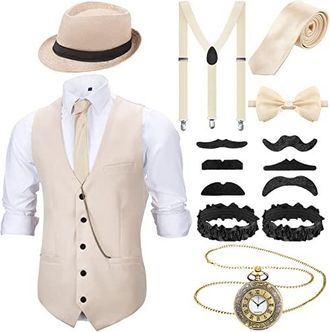Blulu Accessoires Hommes des Années 1920 Costume de Vêtements de Gangster Gatsby Tenue de Cosplay dHalloween avec Gilet Fedora Chapeau Montre de Poche Brete