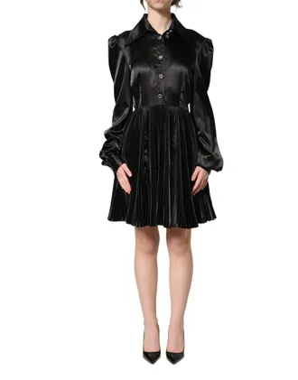 Dolce & Gabbana Womens Black Satin Long Puff Sleeves Pleated Dress Elastane Polyester