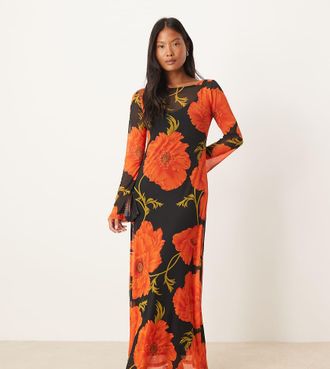 Never Fully Dressed Petite - Robe longue en tulle à manches longues avec imprimé coquelicots-Multicolore