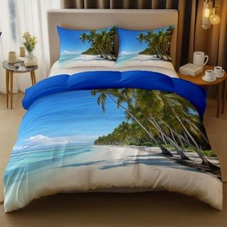 Generic Housse De Couette Réversible Rural Côtier Plage Palmiers Motif, Microfibres Dété Parure De Lit pour Chambre 260 x 240 cm avec 2 Taie doreiller pour Ad