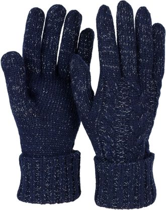 styleBREAKER Damen Strick Handschuhe mit Zopfmuster, Metallic Look und doppeltem Bund, Winter Strickhandschuhe 09010018, Farbe:Dunkelblau