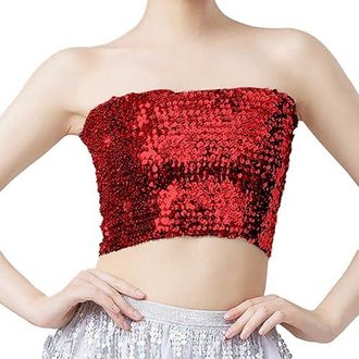 Generic Fashion Mardi Holiday Haut court extensible &agrave; paillettes &eacute;tincelantes en coton &eacute;lasthanne pour femme, Rouge, Taille unique