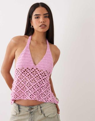 Kiwi & Co Top dos nu en maille crochet&eacute;e &agrave; la main motif fleuri - Rose