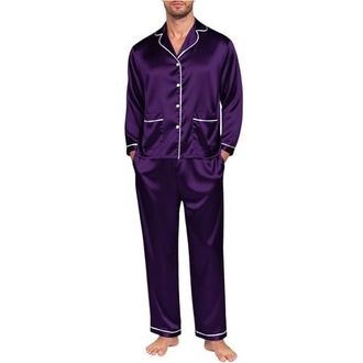 Generic Ensemble de pyjama en satin de soie pour homme - Haut &agrave; manches longues boutonn&eacute; avec pantalon long - Ensemble de pyjama en soie l&eacute;ger, doux et confor