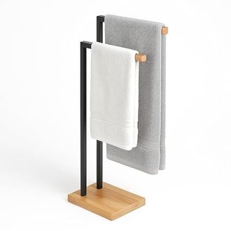 Relaxdays Handtuchhalter stehend, Handtuchst&auml;nder mit 2 Stangen, f&uuml;r Hand- & Badet&uuml;cher, Eisen & Bambus, schwarz/Natur