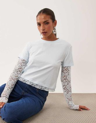 Lioness Baby Bottega ensemble 2-en-1 t-shirt et top en dentelle &agrave; manches longues bleu clair-Noir