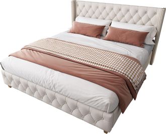 STILVORA Cama Tapizada 140 X 190 Cm De Lino, Cama Doble Con Cabecero Con Tachuelas, Sin Colch&oacute;n, Beige