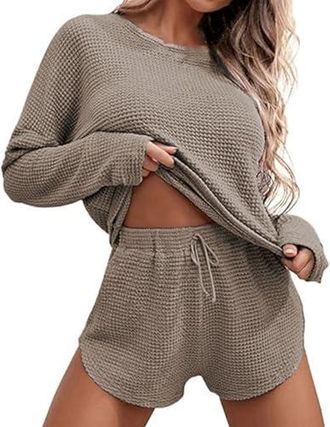 Generic Ensemble de pyjama 2 pi&egrave;ces en tricot gaufr&eacute; pour femme, haut &agrave; manches longues et short assorti, v&ecirc;tements de nuit grande taille, ensemble de pyjama 