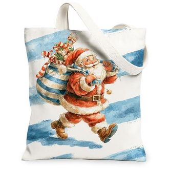 Generic Sac fourre-tout vintage en toile motif P&egrave;re No&euml;l r&eacute;utilisable, l&eacute;ger et lavable avec bandouli&egrave;re pour le shopping, Blanc, 13x15 Inch