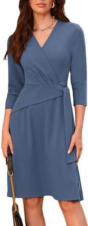 Grace Karin Robe midi pour femme - Col en V - Manches 3/4 - Coupe trapèze - Fermeture éclair à larrière, bleu, L