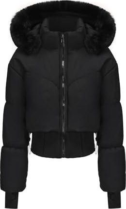 Generic Street Style Doudoune pour femme - Veste dhiver chaude &agrave; capuche amovible en fausse fourrure surdimensionn&eacute;e et cintr&eacute;e &agrave; la taille, Noir, S
