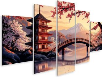 Islandburner Prime Bild auf Leinwand Japanische Landschaft mit Pagode und Kirschbl&uuml;ten f&uuml;r Wohnzimmer Kunstliebhaber Bilder Wandbilder Poster