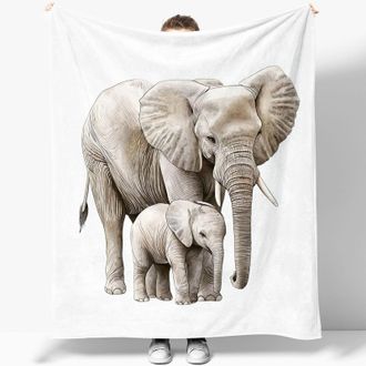 Generic Elefanten Kuscheldecke Wei&szlig; Grau 180&times;200 cm, Mutter und Baby Elefant Aquarell Motiv, Extra Weiche Flanell Wohndecke Warm Flauschige Tier Design Decke 