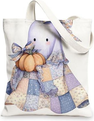 Generic Sac fourre-tout fantaisie en toile, motif patchwork vintage, sacs de courses réutilisables, légers et lavables avec bandoulière en toile, blanc, 13x15