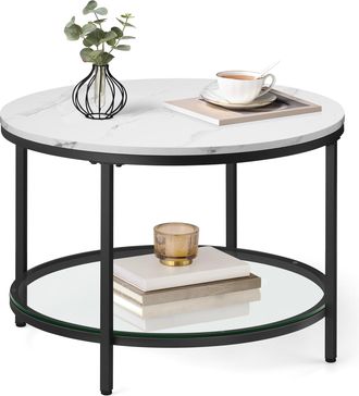 Vasagle Couchtisch, Wohnzimmertisch, Sofatisch, für Wohnzimmer, mit Glasplatte, viel Stauraum, einfacher Aufbau, moderner Stil, marmorweiß-tintenschwarz LCT07