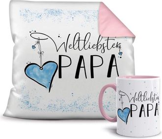 Tassendruck Geschenkset f&uuml;r den Weltliebsten Papa - Tasse und Kissen - Altrosa/Verwandte/Geschenk-Idee/Liebling/Familie