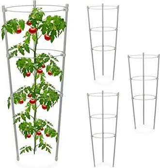 Relaxdays Rankhilfe 4er Set, Metall & Kunststoff, 45 cm hoch, 3 verstellbare Ringe, Rankstütze Kletterpflanzen, grau