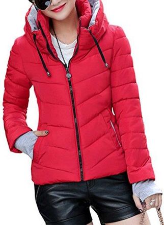 Missmao Doudoune Courte Femme Manteau Manche Longue avec Capuche Manteau Parka Blouson Zippée Rouge 2XL