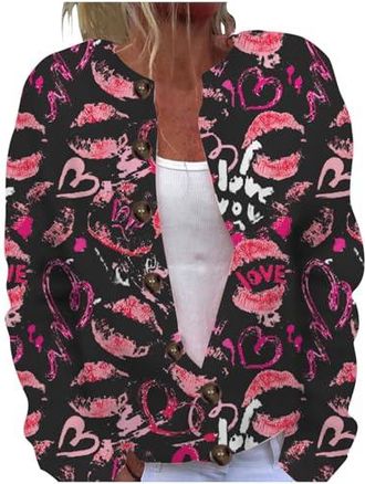 Generic Vestes pour femmes 2026 Veste cardigan imprim&eacute;e Saint-Valentin, Noir, 3XL