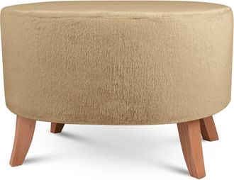 MG Design Ovaler Kunstfell-Hocker 62 x 72 cm in Beige mit Holzbeinen - Gepolsterter Fu&szlig;hocker f&uuml;r Wohnzimmer oder Schlafzimmer