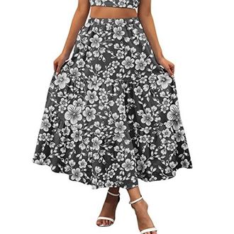 Generic Jupe Mi Longue Fleurie Femme Mode Jupe Trap&egrave;Ze Elastique Taille Haute Jupe Boheme Avec Poches Jupe Pliss&eacute;E Jupe Femme Chic Et Elegant Confortable Et R